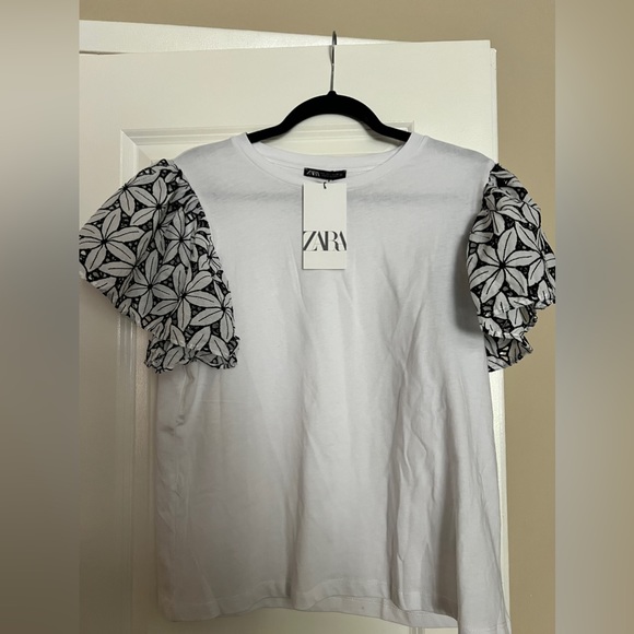 Zara | Tops | Zara White Tee With Sleeve Details | Poshmark
